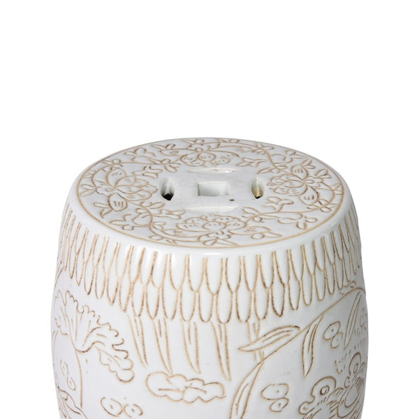 Matte White Carved Mandarin Duck Garden Stool - Ivy Home